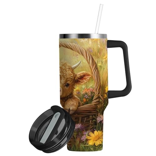 Flradish 30oz Tumbler with Handle, Highland Cow Flowers Stainless Steel Tumbler with Lid and Straws Double Wall Vacuum Insulated Leakproof Coffee Travel Mug