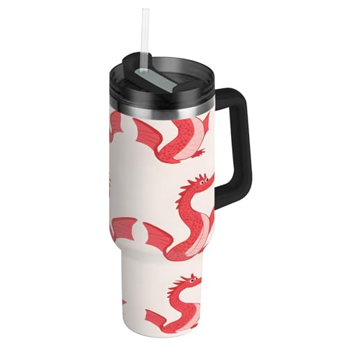 Flradish 30oz Tumbler with Handle, Red Dragon Pattern Stainless Steel Tumbler with Lid and Straws Double Wall Vacuum Insulated Leakproof Coffee Travel Mug