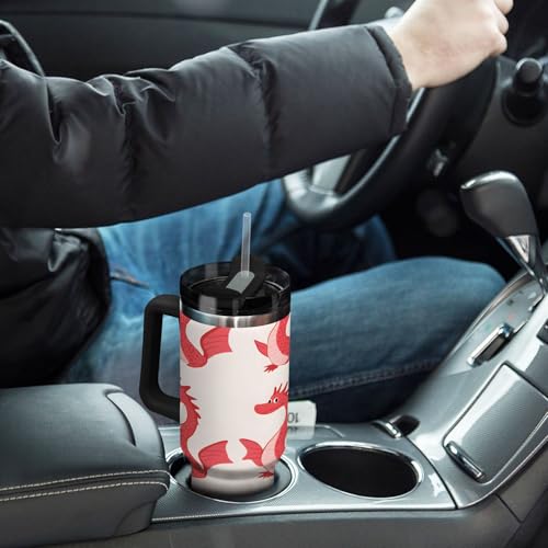 Flradish 30oz Tumbler with Handle, Red Dragon Pattern Stainless Steel Tumbler with Lid and Straws Double Wall Vacuum Insulated Leakproof Coffee Travel Mug