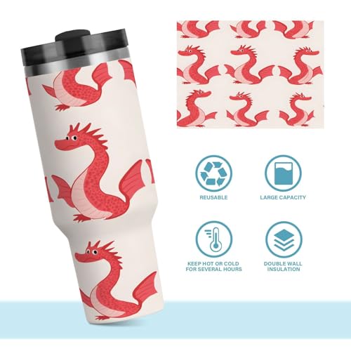 Flradish 30oz Tumbler with Handle, Red Dragon Pattern Stainless Steel Tumbler with Lid and Straws Double Wall Vacuum Insulated Leakproof Coffee Travel Mug