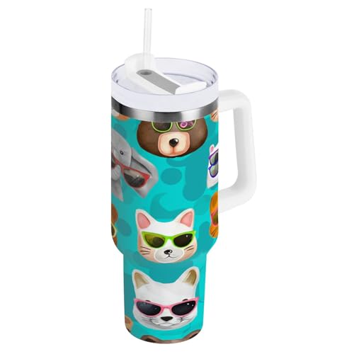 RPLIFE Cute Animals Heads Blue Stainless Steel Tumbler, Insulated Coffee Mug with Lid, Tumblers for Women