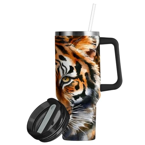 Flradish 30oz Tumbler with Handle, Watercolor Tiger Portrait Stainless Steel Tumbler with Lid and Straws Double Wall Vacuum Insulated Leakproof Coffee Travel Mug