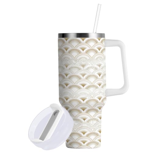 RPLIFE Elegant Gold Outlined Waves White Coffee Tumbler with Handle, Stainless Steel Coffee Cup, Tumbler with Lid and Straw