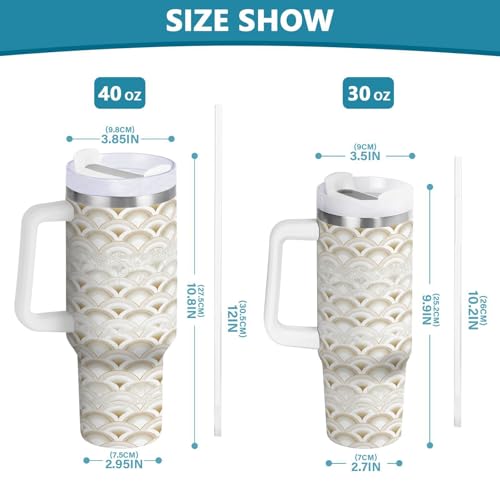RPLIFE Elegant Gold Outlined Waves White Coffee Tumbler with Handle, Stainless Steel Coffee Cup, Tumbler with Lid and Straw