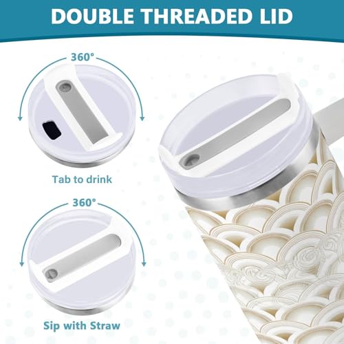 RPLIFE Elegant Gold Outlined Waves White Coffee Tumbler with Handle, Stainless Steel Coffee Cup, Tumbler with Lid and Straw