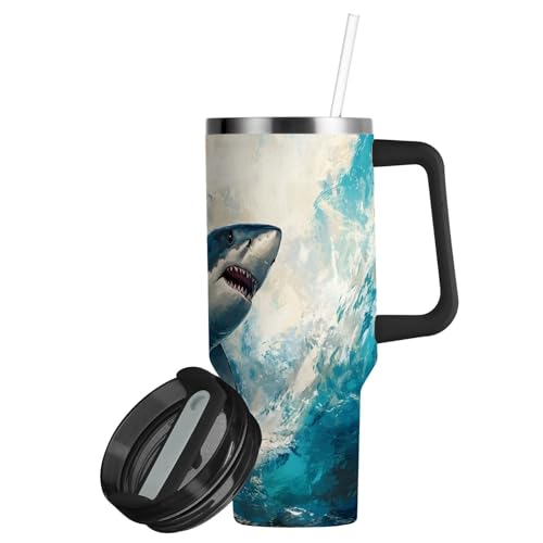 Flradish 40oz Tumbler with Handle, Shark Stainless Steel Tumbler with Lid and Straws Double Wall Vacuum Insulated Leakproof Coffee Travel Mug