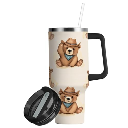 Flradish 40oz Tumbler with Handle, Funny Cowboy Bear Stainless Steel Tumbler with Lid and Straws Double Wall Vacuum Insulated Leakproof Coffee Travel Mug