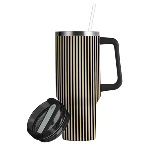 Flradish 40oz Tumbler with Handle, Stripes Khaki Black Stainless Steel Tumbler with Lid and Straws Double Wall Vacuum Insulated Leakproof Coffee Travel Mug