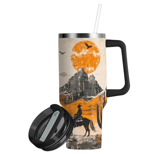 Flradish 40oz Tumbler with Handle, Vintage Western Cowboy Stainless Steel Tumbler with Lid and Straws Double Wall Vacuum Insulated Leakproof Coffee Travel Mug