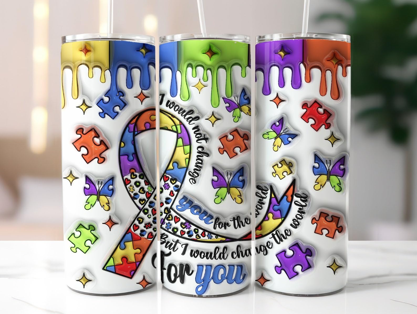 You Would Change The World, Autism Inflated 20oz Skinny Tumbler, Stainless Steel, Keeps Hot or Cold, Gift for Autism Mama Tumbler, Gift for Men Women, Special Education