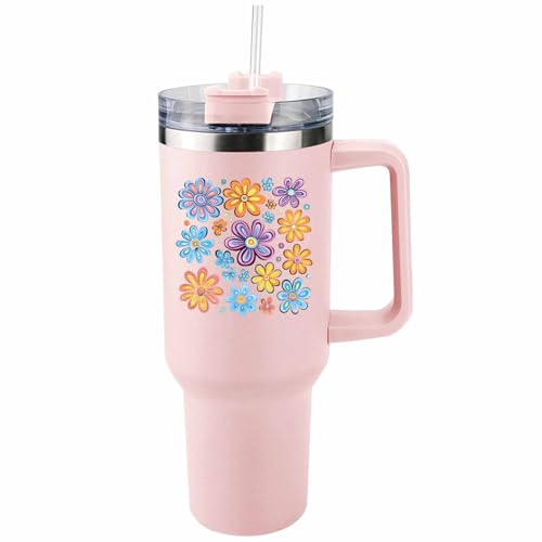 40 Oz Insulated Tumbler with Handle and Straw,Watercolor Blossom Flower Stainless Steel Vacuum Insulated Travel Mug,Leak-proof Water Bottle Iced Coffee Cup,Colorful Floral