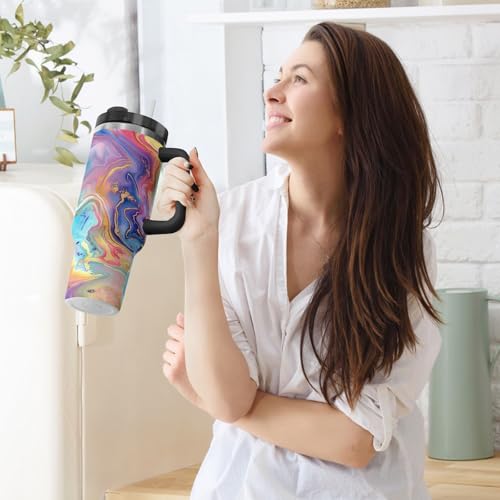 FRCSDIY Colored Marble Insulated Tumbler with Handle and Straw Lid,30oz Leakproof Stainless Steel Cup BPA-Free Water Bottle