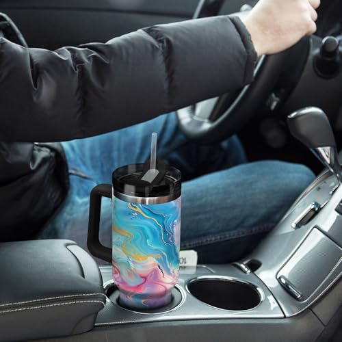 FRCSDIY Colored Marble Insulated Tumbler with Handle and Straw Lid,30oz Leakproof Stainless Steel Cup BPA-Free Water Bottle