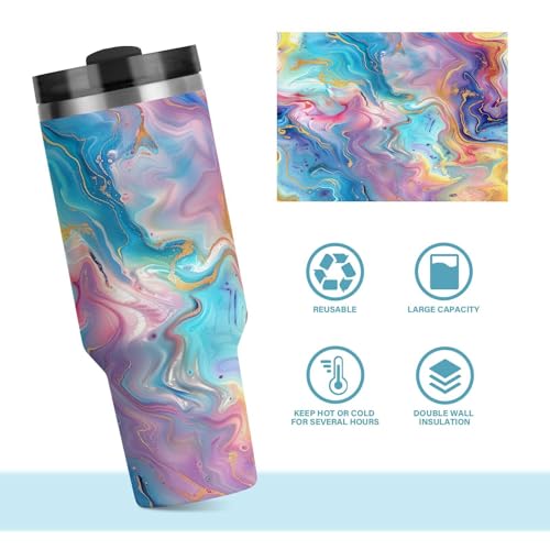 FRCSDIY Colored Marble Insulated Tumbler with Handle and Straw Lid,30oz Leakproof Stainless Steel Cup BPA-Free Water Bottle