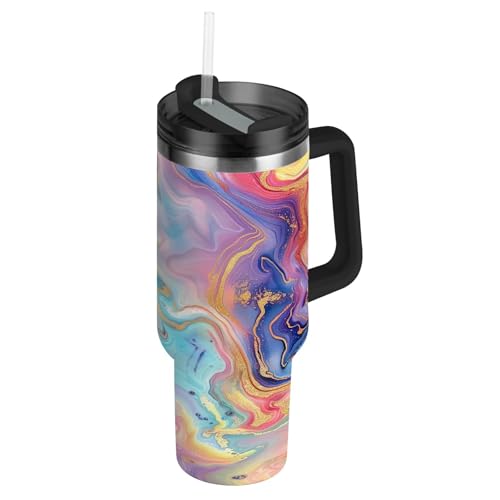 FRCSDIY Colored Marble Insulated Tumbler with Handle and Straw Lid,30oz Leakproof Stainless Steel Cup BPA-Free Water Bottle