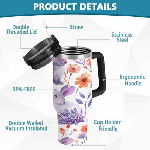 FRCSDIY Cute Rabbit Insulated Tumbler with Handle and Straw Lid,40oz Leakproof Stainless Steel Cup BPA-Free Water Bottle