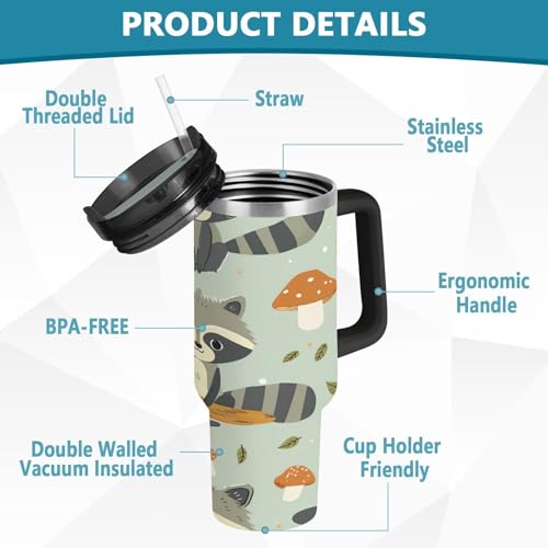 FRCSDIY Cartoon Raccoon Insulated Tumbler with Handle and Straw Lid,40oz Leakproof Stainless Steel Cup BPA-Free Water Bottle