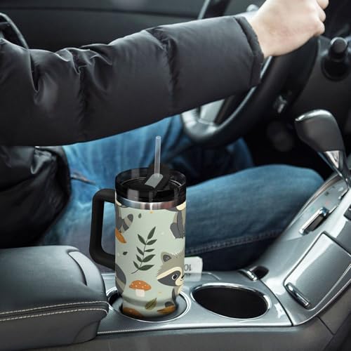 FRCSDIY Cartoon Raccoon Insulated Tumbler with Handle and Straw Lid,40oz Leakproof Stainless Steel Cup BPA-Free Water Bottle