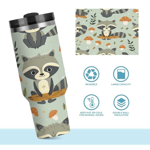 FRCSDIY Cartoon Raccoon Insulated Tumbler with Handle and Straw Lid,40oz Leakproof Stainless Steel Cup BPA-Free Water Bottle