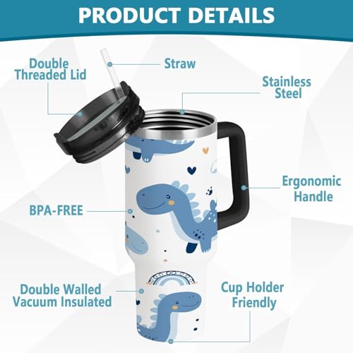 FRCSDIY Cartoon Dinosaur Insulated Tumbler with Handle and Straw Lid,40oz Leakproof Stainless Steel Cup BPA-Free Water Bottle