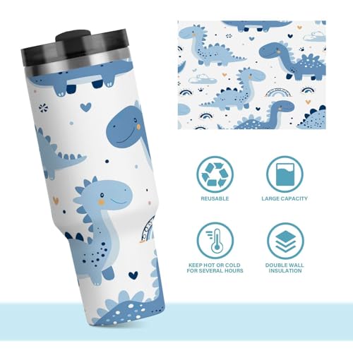 FRCSDIY Cartoon Dinosaur Insulated Tumbler with Handle and Straw Lid,40oz Leakproof Stainless Steel Cup BPA-Free Water Bottle