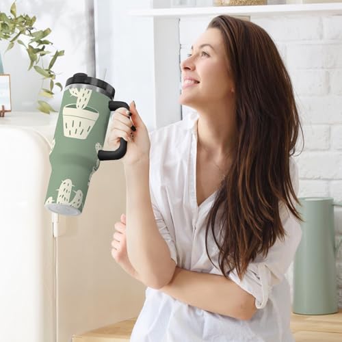 FRCSDIY Cactus Insulated Tumbler with Handle and Straw Lid,40oz Leakproof Stainless Steel Cup BPA-Free Water Bottle