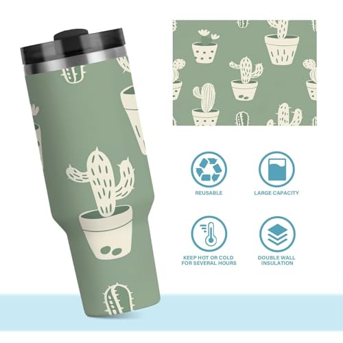 FRCSDIY Cactus Insulated Tumbler with Handle and Straw Lid,40oz Leakproof Stainless Steel Cup BPA-Free Water Bottle