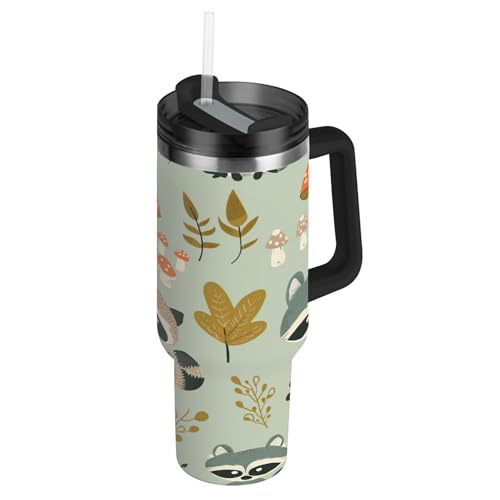 FRCSDIY Cartoon Raccoon Insulated Tumbler with Handle and Straw Lid,40oz Leakproof Stainless Steel Cup BPA-Free Water Bottle