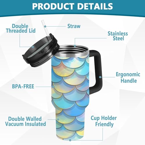FRCSDIY Colored Fish Scales Insulated Tumbler with Handle and Straw Lid,30oz Leakproof Stainless Steel Cup BPA-Free Water Bottle