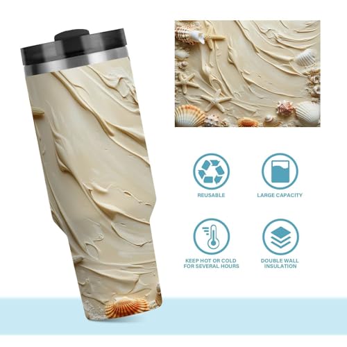 FRCSDIY Beach Shells Insulated Tumbler with Handle and Straw Lid,30oz Leakproof Stainless Steel Cup BPA-Free Water Bottle