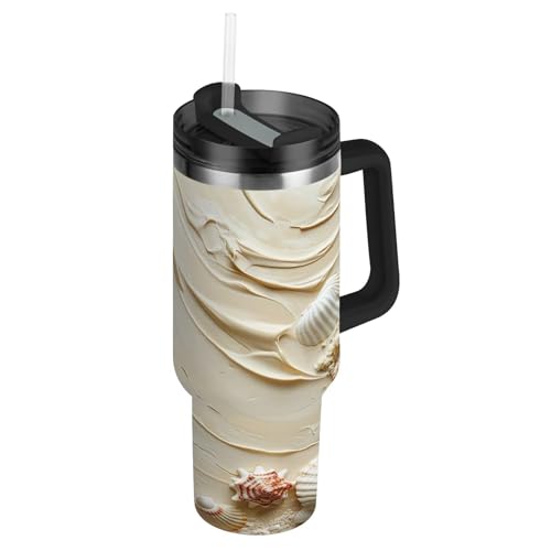 FRCSDIY Beach Shells Insulated Tumbler with Handle and Straw Lid,30oz Leakproof Stainless Steel Cup BPA-Free Water Bottle