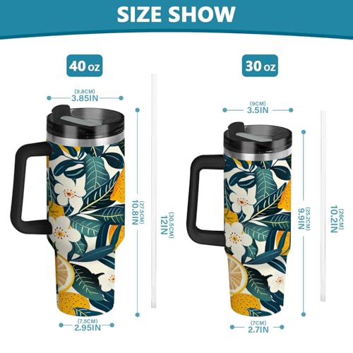 FRCSDIY Leaf Lemon Insulated Tumbler with Handle and Straw Lid,30oz Leakproof Stainless Steel Cup BPA-Free Water Bottle