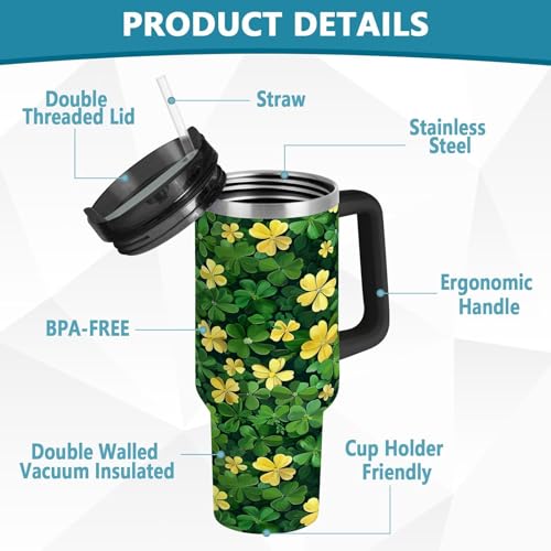 FRCSDIY Lucky Clover Insulated Tumbler with Handle and Straw Lid,30oz Leakproof Stainless Steel Cup BPA-Free Water Bottle