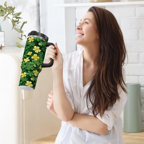 FRCSDIY Lucky Clover Insulated Tumbler with Handle and Straw Lid,30oz Leakproof Stainless Steel Cup BPA-Free Water Bottle