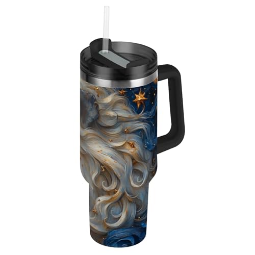 Selerdon 40 oz Tumbler Leo Zodiac with Handle and Straw Lid Vacuum Stainless Steel Insulated Water Bottle Travel Mug Car Cup Holder Friendly BPA Free for Gym Travel Office
