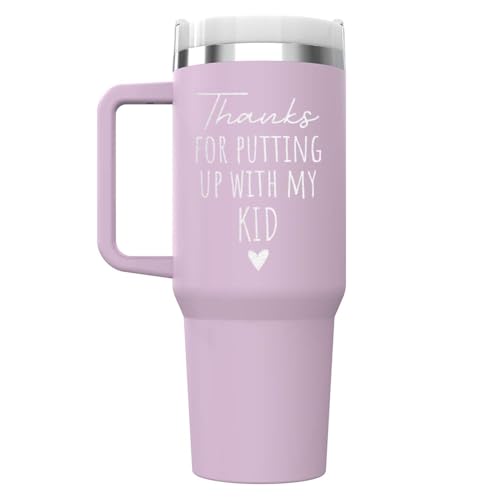 shop4ever Thank You for Putting Up With My Kid Engraved Insulated Stainless Steel Tumbler with Handle, Lid, and Straw 40 oz. Funny Teacher Appreciation Day Gift (Lavender)