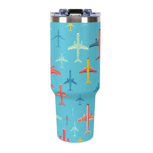 Colorful Airplanes Insulated Tumbler with Lid And Straw Stainless Steel Travel Coffee Mug 40oz Violet-style