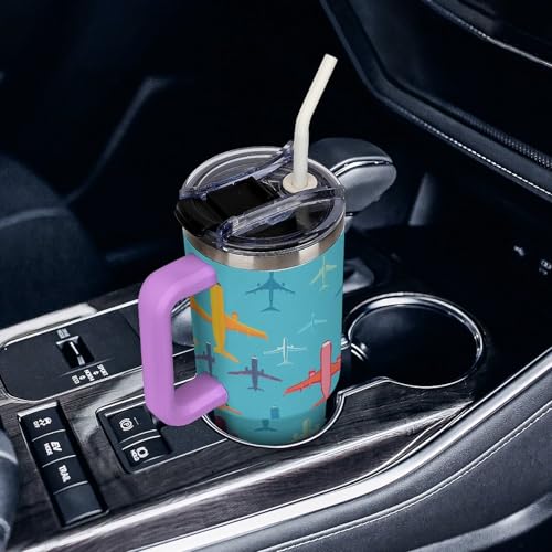 Colorful Airplanes Insulated Tumbler with Lid And Straw Stainless Steel Travel Coffee Mug 40oz Violet-style