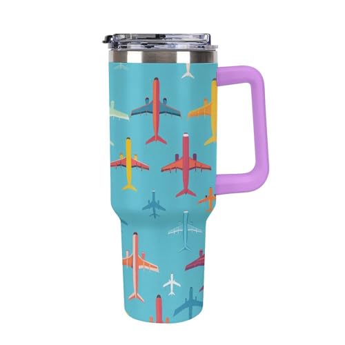 Colorful Airplanes Insulated Tumbler with Lid And Straw Stainless Steel Travel Coffee Mug 40oz Violet-style