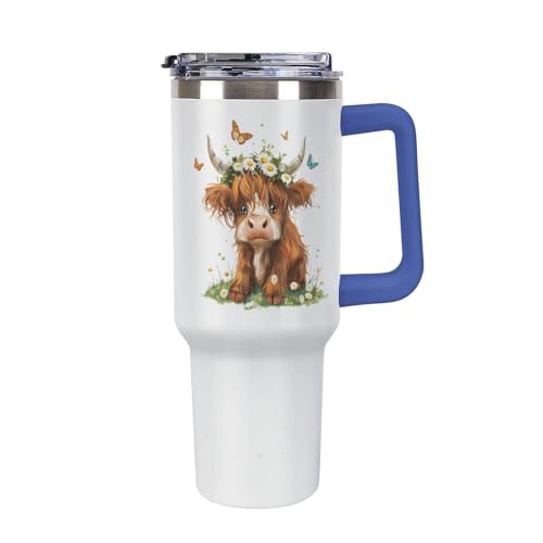 Cute Highland Cow with Flowers Insulated Tumbler with Lid And Straw Stainless Steel Travel Coffee Mug 40oz Deep Blue-style