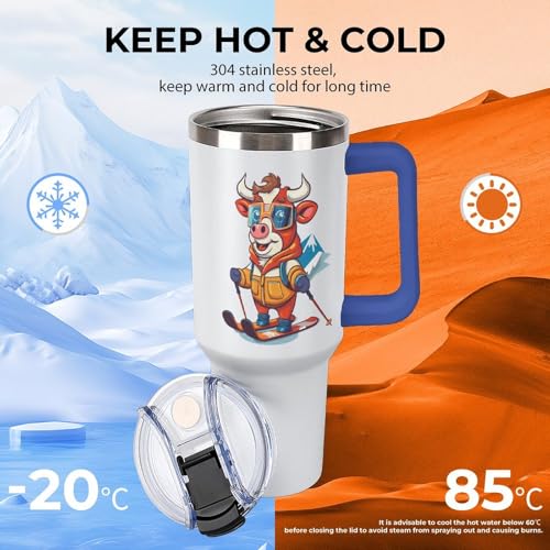 Ski Rider Cow Insulated Tumbler with Lid And Straw Stainless Steel Travel Coffee Mug 40oz Deep Blue-style