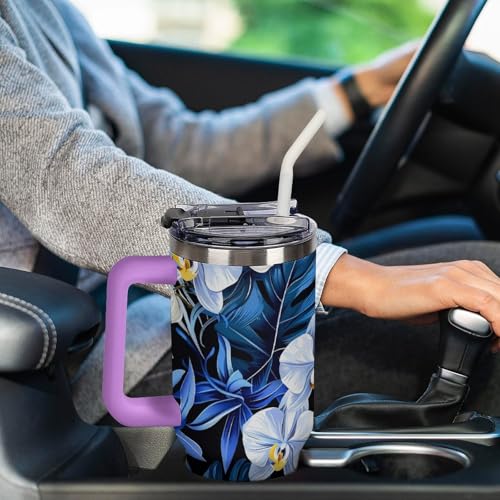 Floral Print Insulated Tumbler with Lid And Straw Stainless Steel Travel Coffee Mug 40oz Violet-style