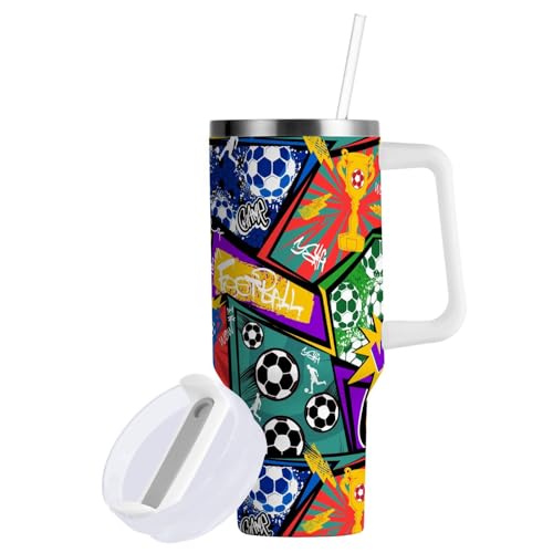 Emelivor Balls Trophies Colorful 40 oz Tumbler with Lid and Straw Insulated Tumblers with Handle Leak Proof Coffee Tumbler Mug Large Water Bottles for Hot and Iced Cold Drinks
