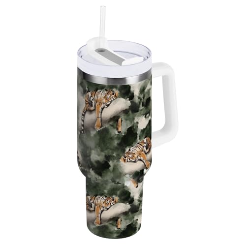 Emelivor Ink Green Watercolor 30 oz Tumbler with Lid and Straw Insulated Tumblers with Handle Travel Coffee Mug Cup Large Water Bottles Cup for Hot and Iced Cold Drinks