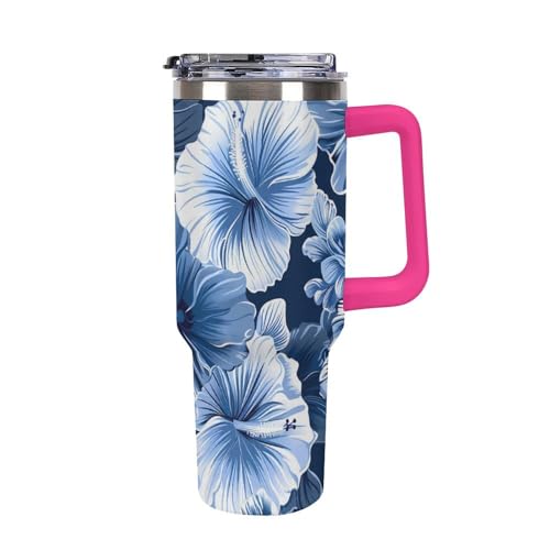 Blue Hawaiian Hibiscus Floral Insulated Tumbler with Lid And Straw Stainless Steel Travel Coffee Mug 40oz Light Rose Red-style