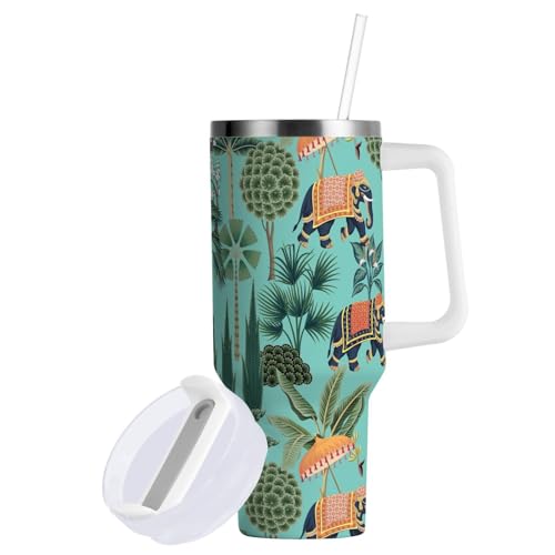 Elephants Peacocks Turquoise 40 oz Tumbler with Lid and Straw Insulated Tumblers with Handle Travel Coffee Mug Cup Large Water Bottles Cup for Men Women Sports Gym