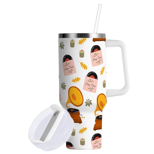 Emelivor Gramophones Records White 40 oz Tumbler with Lid and Straw Insulated Tumblers with Handle Leak Proof Coffee Tumbler Mug Large Water Bottles Fits in Car Cup Holder