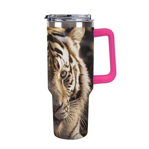 LLUTSNTH 40 Oz Vacuum Tumbler with Light Rose Red Handle Leakproof Insulated Tumbler Animal Tiger Stainless Steel Travel Mug with Lid And Straw Coffee Cup Cute Water Bottles Cup Holder Friendly