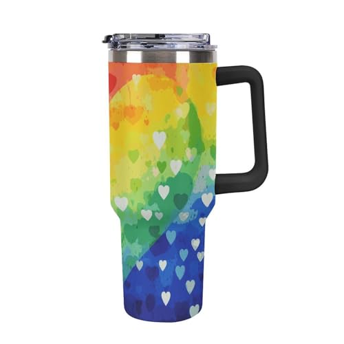 LLUTSNTH 40 Oz Vacuum Tumbler with Black Handle Leakproof Insulated Tumbler Colorful Rainbow Love Heart Stainless Steel Travel Mug with Lid And Straw Coffee Cup Cute Water Bottles Cup Holder Friendly