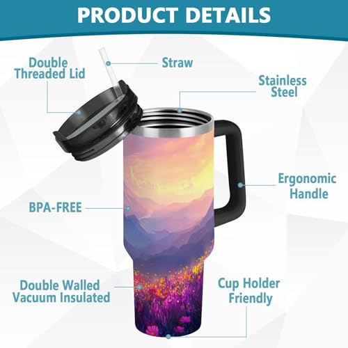 FRCSDIY Beauty Garden Insulated Tumbler with Handle and Straw Lid,40oz Leakproof Stainless Steel Cup BPA-Free Water Bottle